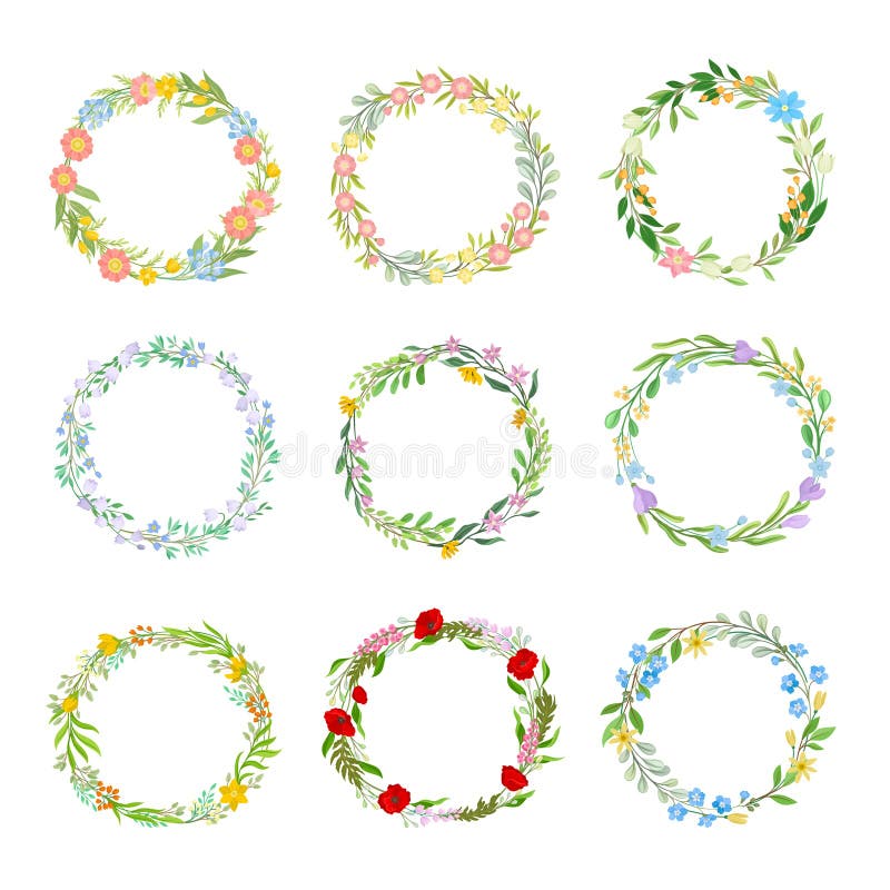 Wildflowers Circle Frames Vector Set. Circular Botanical Wreath ...