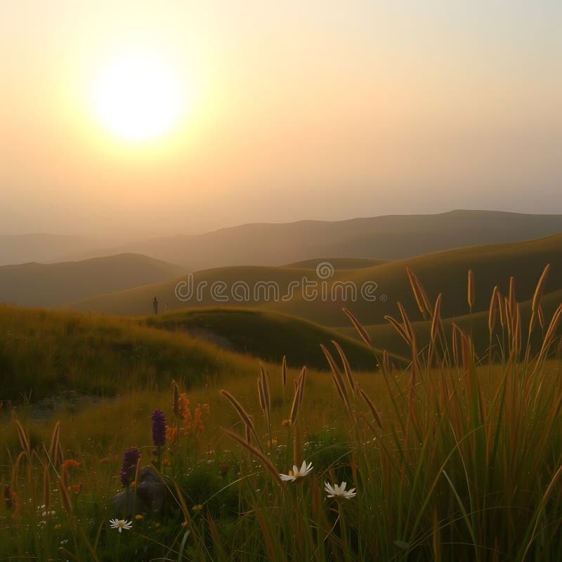 Wildflowers and Grasses on Sunrise Hills Stock Illustration ...