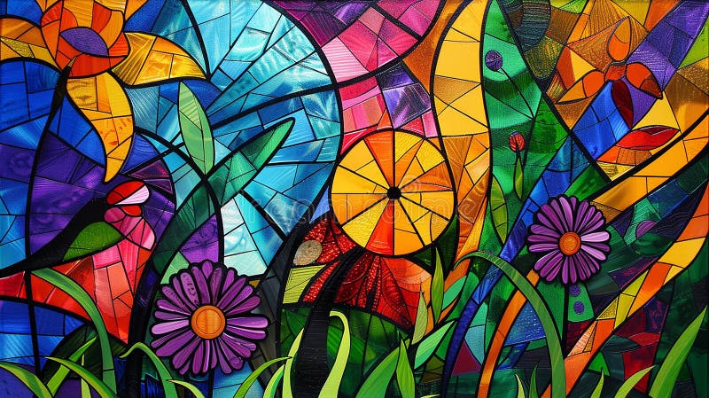 Wildflowers on a Stained Glass Multi-colored Art Painting Stock ...