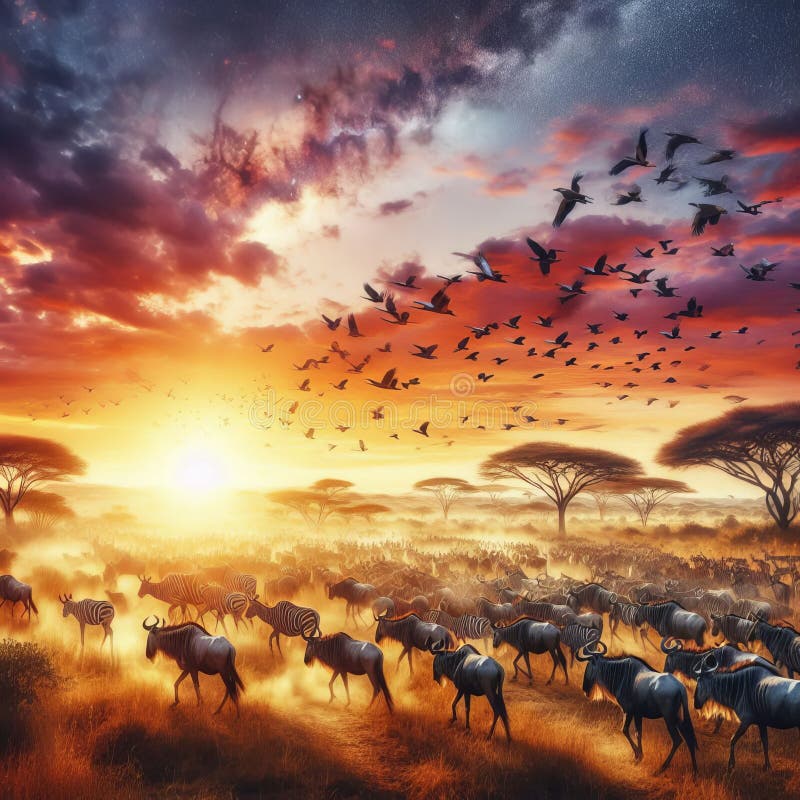 Wildlife Migration a Herd of Animals Migrating Across a Savannah Stock ...