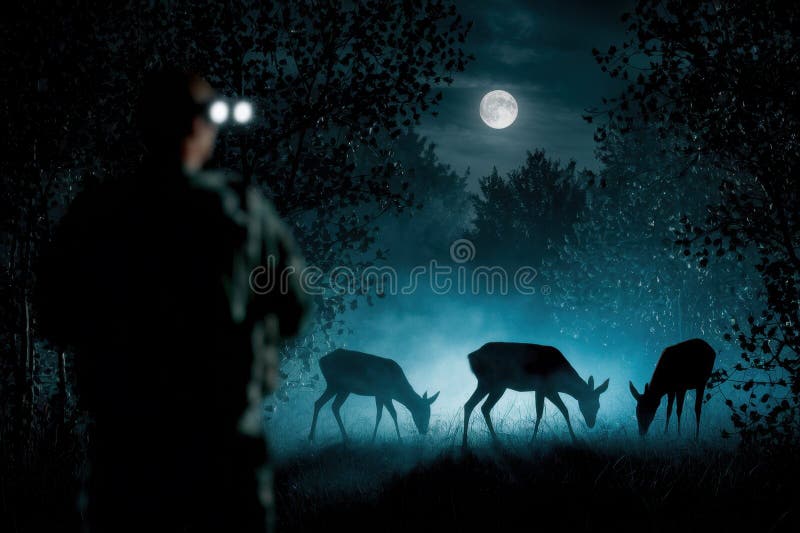 Wildlife Observer in Night Forest with Deer Under Full Moon Scenery ...