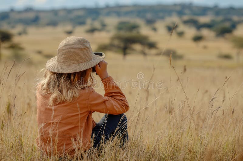 Wildlife Observer Using Binoculars in African Savanna Stock Photo ...