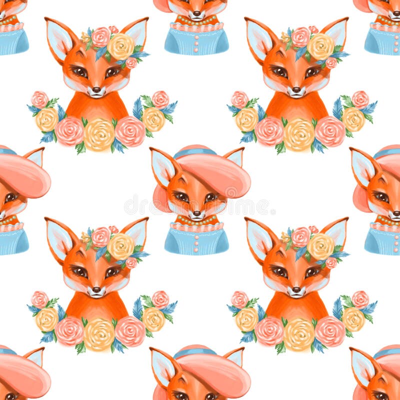 Wildlife Pattern. Fox and Flowering Branches. Digital Art. Stock ...