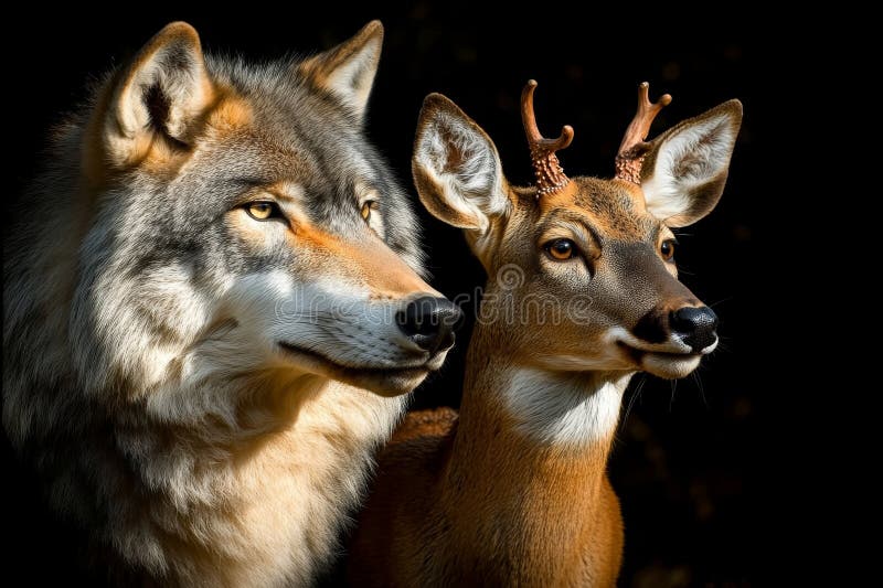 Wildlife Portrait, Wolf and Deer a Study in Contrast and Harmony Under ...