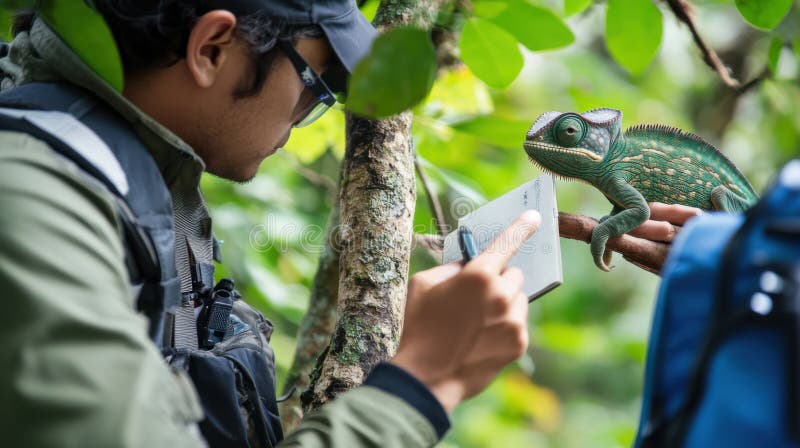 Wildlife Researcher Observes Chameleon on Field Study in Tropical ...