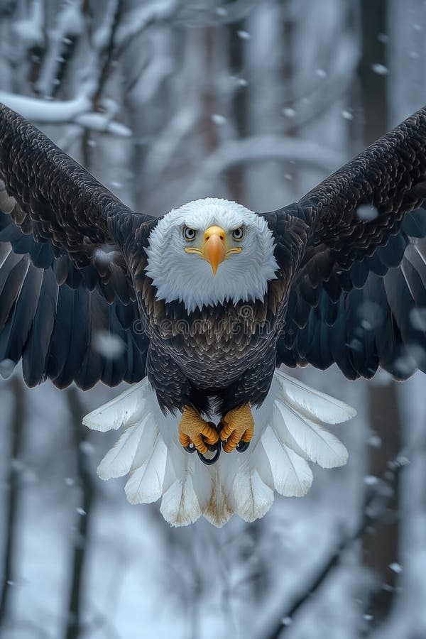 Wildlife Scene Bald Eagle Soaring Snowy Forest Stock Photos - Free ...