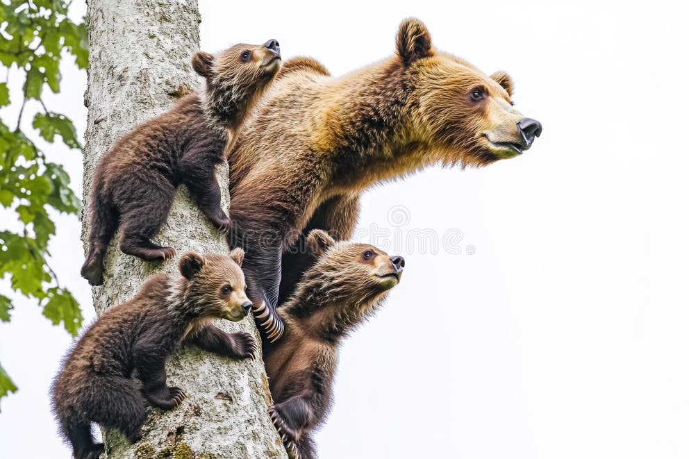 Wildlife Scene with Multiple Brown Bears Ascending a Tree Stock Photo ...
