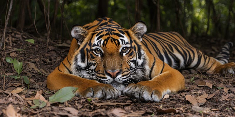 Wildlife Scene with a Tiger Resting on the Forest Floor Stock Image ...
