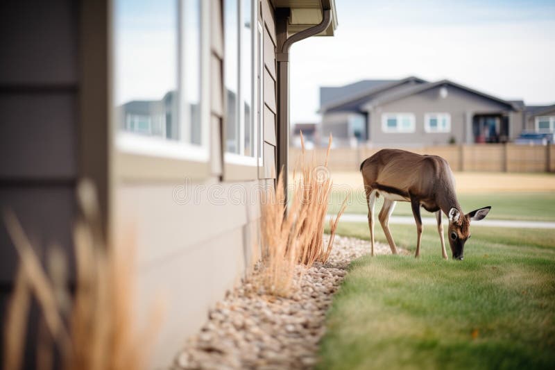 Wildlife View with Deer Grazing Near Prairie Homes Eaves Stock Image ...