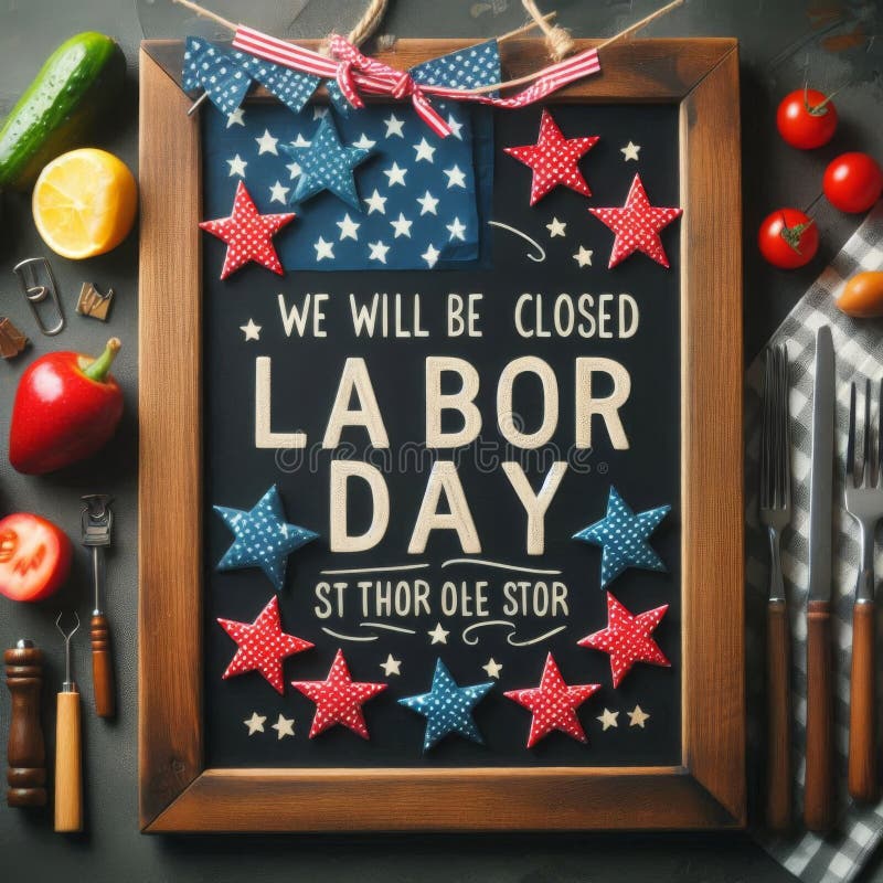 We Will Be Closed Labor Day Chalkboard with Patriotic Stars Stock ...