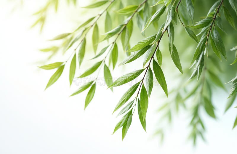 Willow Tree Branches with Light Green Leaves Sway in Breeze. Green ...
