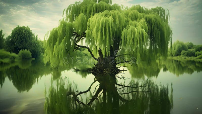 Willow Tree in the Lake with Reflection of Clouds in the Water, AI ...