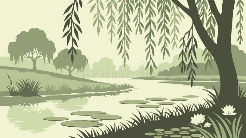 Willow Tree Pond, Peaceful Water and Nature Reflection Vector Design ...