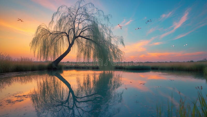 Serene Willow Tree Reflection at Sunset Over Calm Lake Water Stock ...