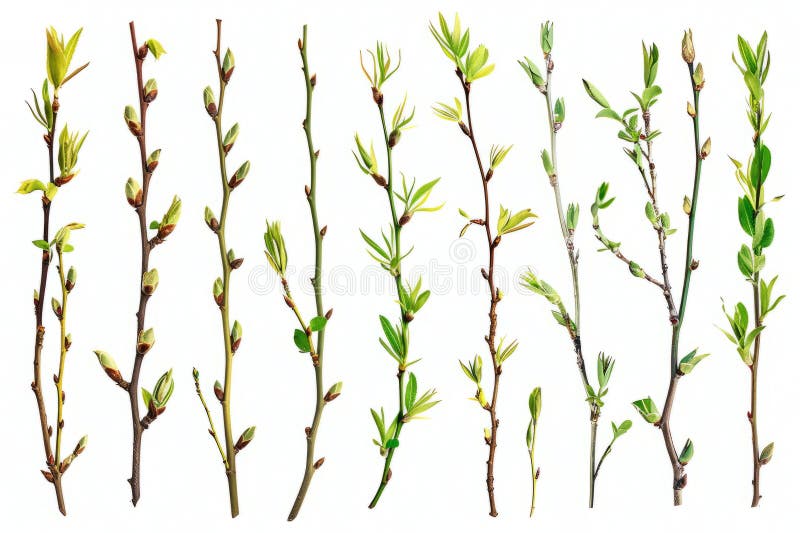 Willow Tree Twigs with Buds and Leaves on a White Background. Stock ...