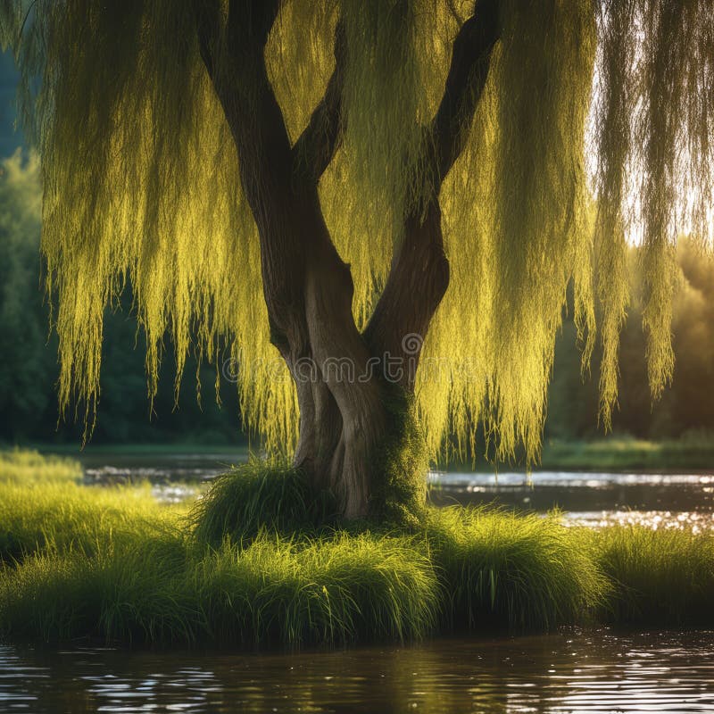 Willow Trees Reflects Nature S Beauty in Stream Stock Illustration ...