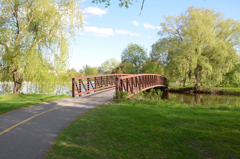 Willow Trees and River and Bridge and Path Stock Image - Image of ...
