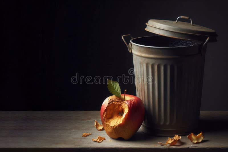 A Wilted Apple Next To a Trash Can. Space for Text. Stock Image - Image ...