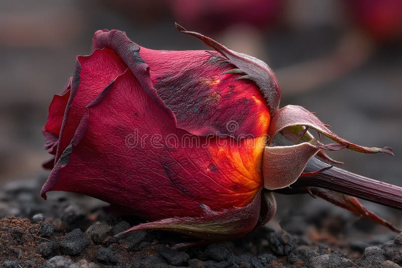 Wilted Red Rose on Dark Soil, Symbolizing Decay. Stock Illustration ...