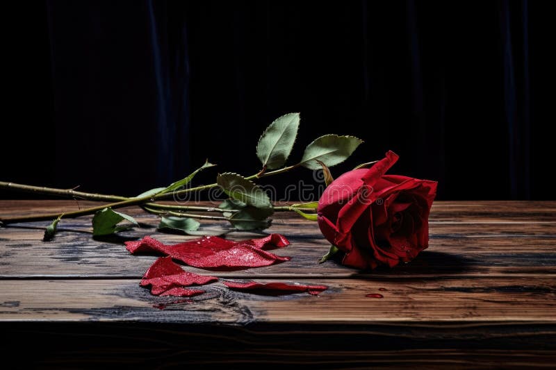 A Wilting Red Rose Dropping Petals on a Dark Wooden Table Stock Photo ...