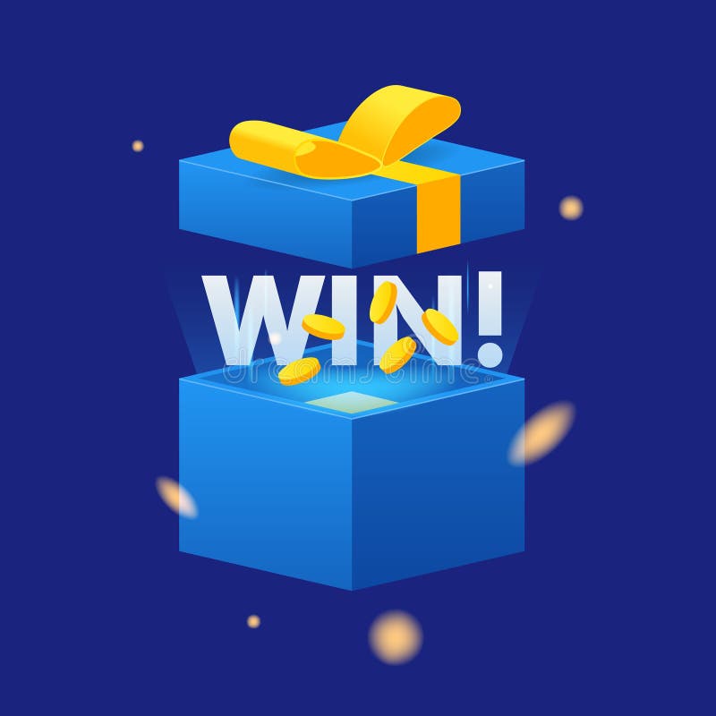 WIN Text. Open Blue Box with Confetti Explosion Inside and Golden Coins ...