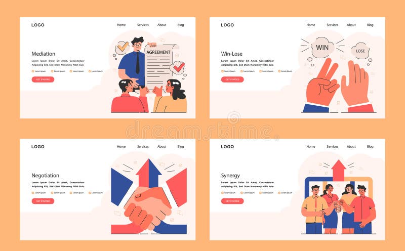 Win-win Web or Landing Set. Professionals, Employees Navigate ...