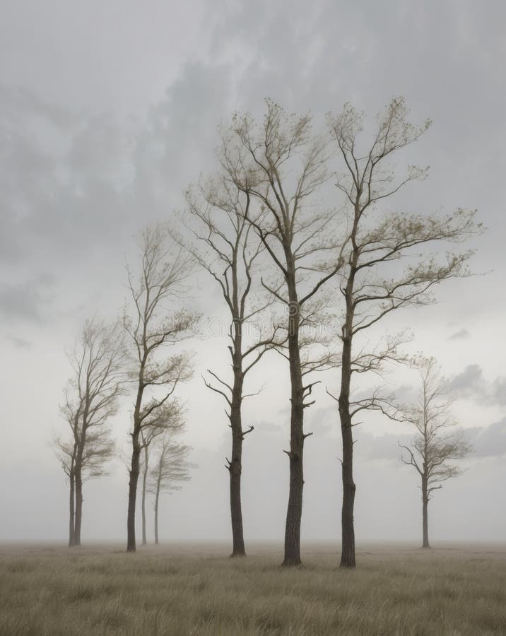 Wind Blown Trees Standing in an Open Field on a Cloudy Day. Stock ...