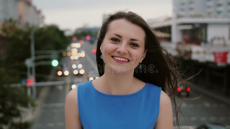 Wind Blows Long Dark Hair Beautiful Young Women Happy Smiling Girl