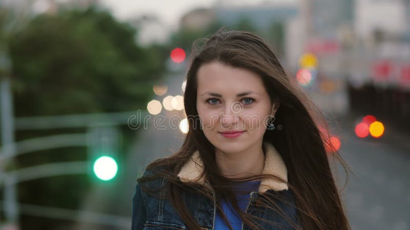 Wind Blows Long Dark Hair Beautiful Young Women Happy Smiling Girl