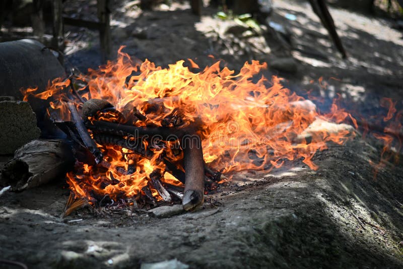 The Wind Blows Outdoor Fire for Cooking. Stock Image - Image of font ...
