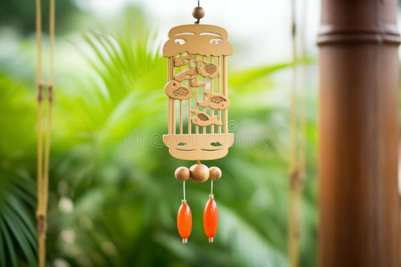 Wind Chime with Carved Oriental Patterns on Bamboo Slats Stock Photo ...