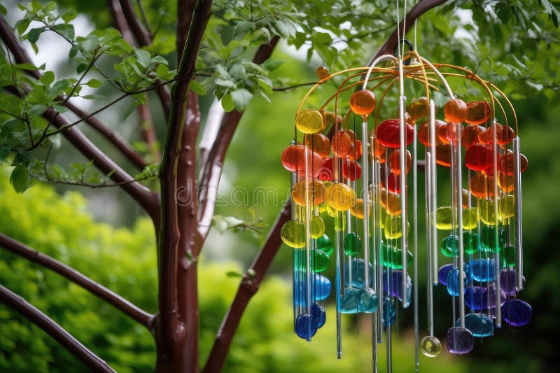 Wind Chime Sculpture with Rainbow of Colors Hanging from a Tree in the ...