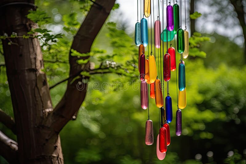 Wind Chime Sculpture with Rainbow of Colors Hanging from a Tree in the ...