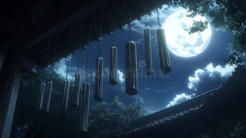 Wind Chimes Hanging Under a Full Moon Illuminated by Its Light Stock ...