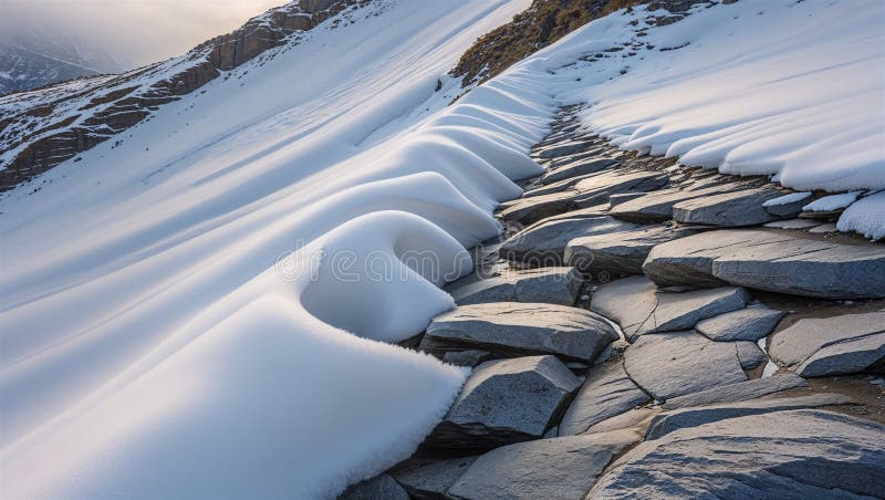 Wind Curling Snow from Ridge Edge Revealing Smooth Rocks Beneath ...