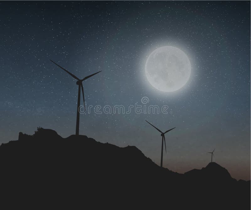 The Wind Driven Power Generators Under the Moonlight Stock Vector ...