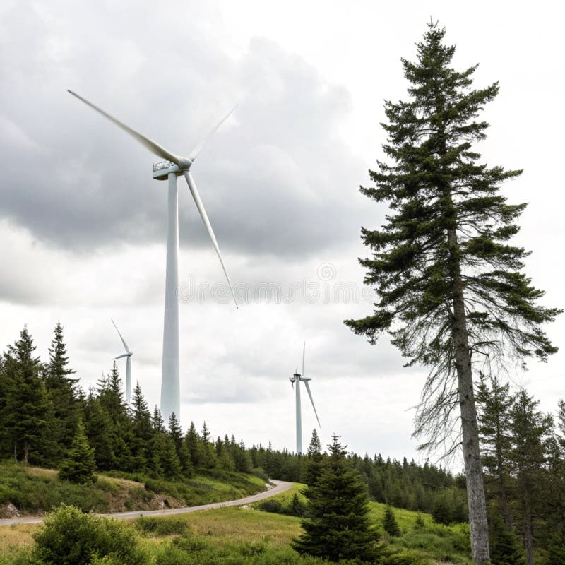 Wind Energy Landscape with Clouds and Trees on Transparent Background ...