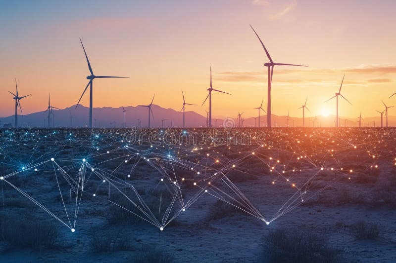 Wind Energy Powers the Future. this Sunset Scene Features Wind Turbines ...