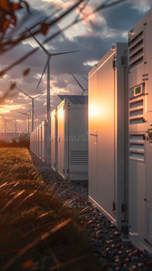 Wind Energy Storage. Rows of Energy Storage Units Aligned with Towering ...