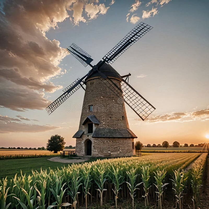 Wind Engine in Cornfield and Rice Field, Brick Wall, Sunny Day Stock ...