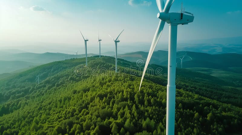 Wind Farm on the Forest-covered Hills. Carbon Net Zero Concept Stock ...