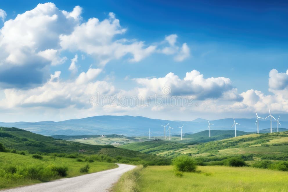Wind Farm on Hilly Terrain with White Clouds Above Stock Image - Image ...