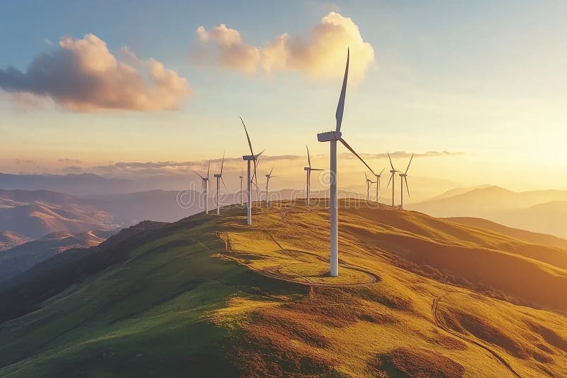 A Wind Farm with Many Wind Turbines is Shown in the Evening Sky. the ...
