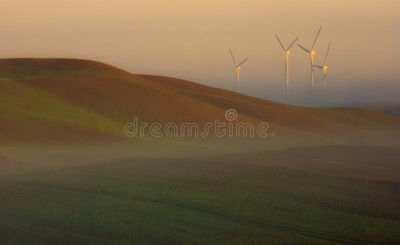 Wind Farm in the Mist at Sunrise Stock Image - Image of ecological ...