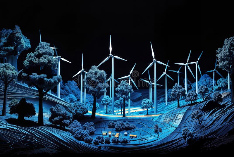 Blue-lit Wind Farm: Night Landscape with Hilly Terrain, Generative Ai ...