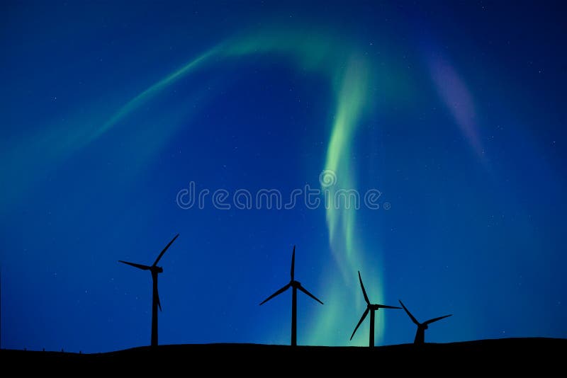 Wind Farm and Northern Lights Stock Photo - Image of landscape, green ...
