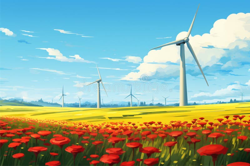 Wind Farm or Wind Park with High Wind Turbines Stock Illustration ...