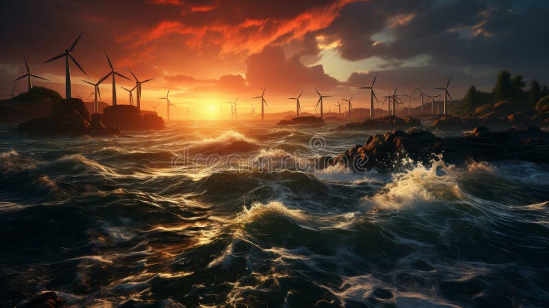 Wind Farm at Sea during a Storm. Generative AI. Stock Illustration ...