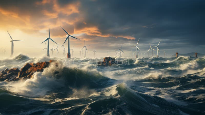 Wind Farm at Sea during a Storm. Generative AI. Stock Illustration ...