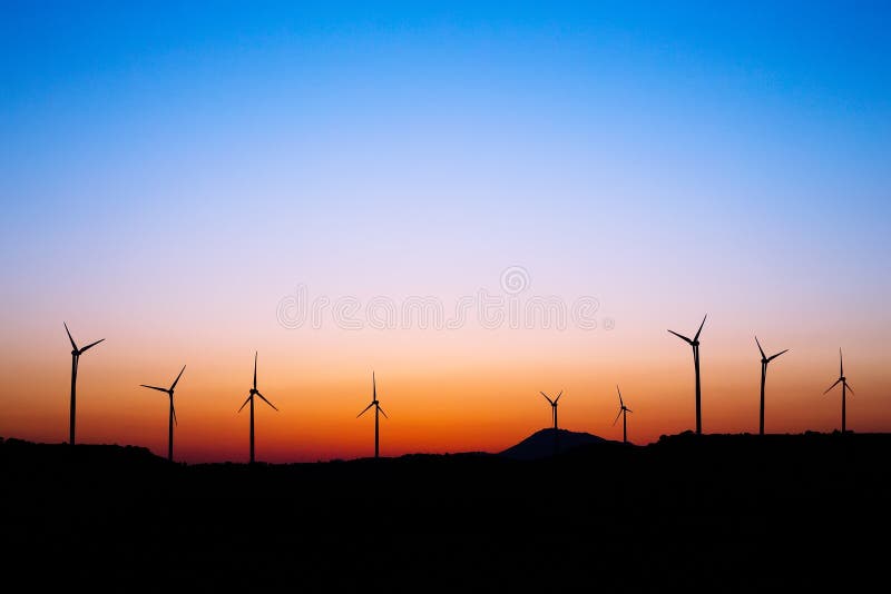 Wind Farm Silhouette in Sunset Light. Stock Image - Image of generation ...